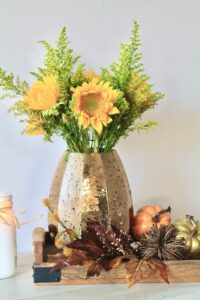 Simple Fall Kitchen Table Decor with Sunflowers and Pumpkins